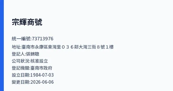 宗輝商號的照片-統編 73713976(臺南市) 公司登記資料與營業項目詳細圖表