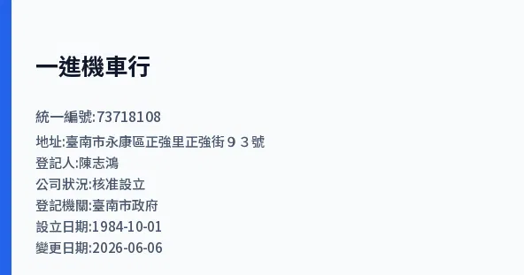 一進機車行的照片-統編 73718108(臺南市) 公司登記資料與營業項目詳細圖表
