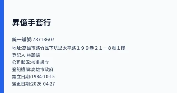 昇億手套行的照片-統編 73718607(高雄市) 公司登記資料與營業項目詳細圖表