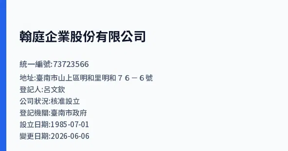 翰庭企業股份有限公司的照片-統編 73723566(臺南市) 公司登記資料與營業項目詳細圖表