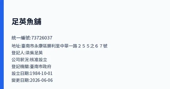 足英魚舖的照片-統編 73726037(臺南市) 公司登記資料與營業項目詳細圖表
