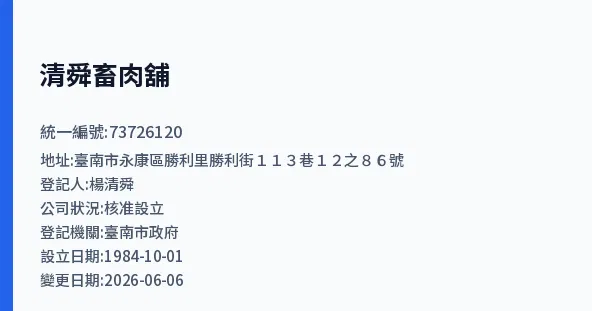 清舜畜肉舖的照片-統編 73726120(臺南市) 公司登記資料與營業項目詳細圖表