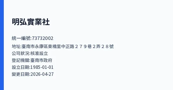 明弘實業社的照片-統編 73732002(臺南市) 公司登記資料與營業項目詳細圖表
