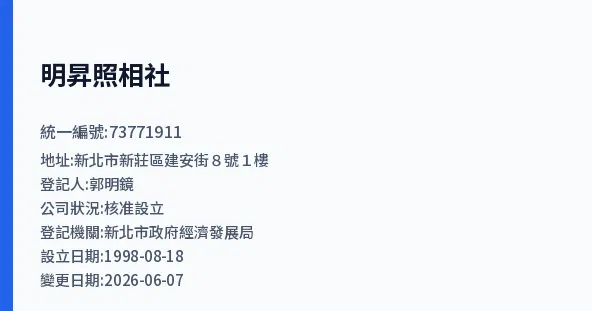 明昇照相社的照片-統編 73771911(新北市) 公司登記資料與營業項目詳細圖表