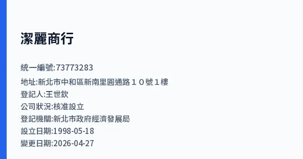 潔麗商行的照片-統編 73773283(新北市) 公司登記資料與營業項目詳細圖表