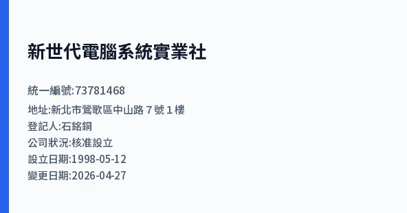 新世代電腦系統實業社的照片-統編 73781468(新北市) 公司登記資料與營業項目詳細圖表
