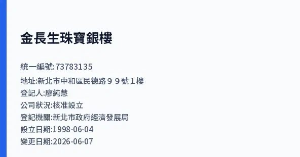 金長生珠寶銀樓的照片-統編 73783135(新北市) 公司登記資料與營業項目詳細圖表