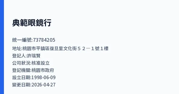 典範眼鏡行的照片-統編 73784205(桃園市) 公司登記資料與營業項目詳細圖表