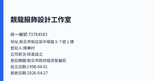 靚龍服飾設計工作室的照片-統編 73784583(新北市) 公司登記資料與營業項目詳細圖表