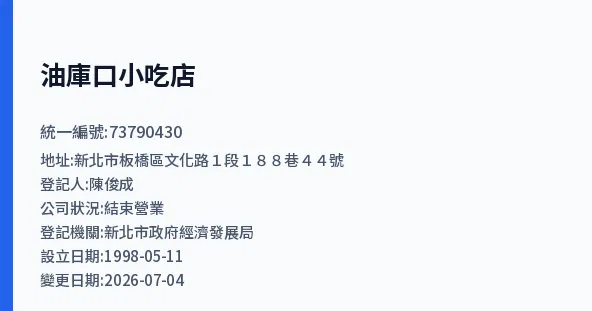 油庫口小吃店的照片-統編 73790430(新北市) 公司登記資料與營業項目詳細圖表