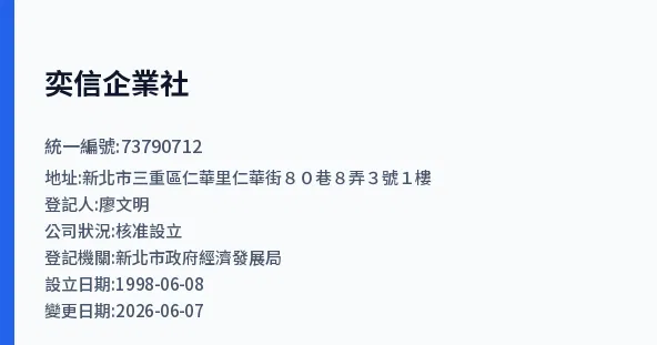 奕信企業社的照片-統編 73790712(新北市) 公司登記資料與營業項目詳細圖表