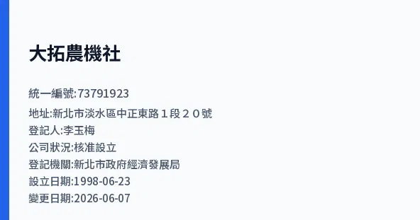 大拓農機社的照片-統編 73791923(新北市) 公司登記資料與營業項目詳細圖表
