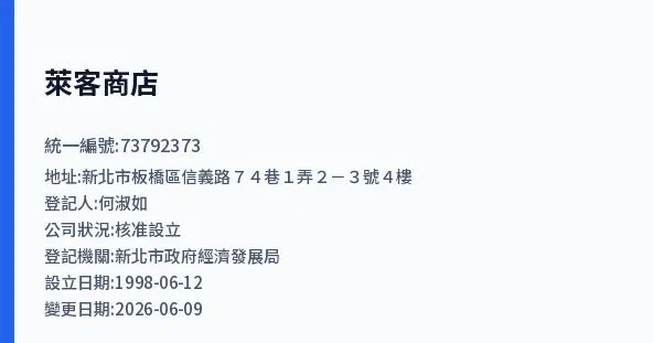 萊客商店的照片-統編 73792373(新北市) 公司登記資料與營業項目詳細圖表