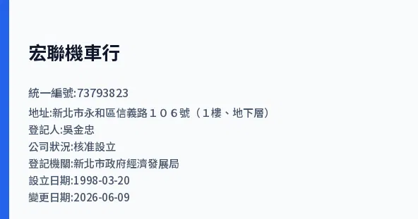 宏聯機車行的照片-統編 73793823(新北市) 公司登記資料與營業項目詳細圖表