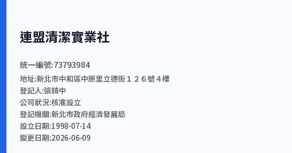 連盟清潔實業社的照片-統編 73793984(新北市) 公司登記資料與營業項目詳細圖表