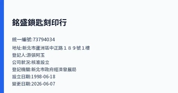 銘盛鎖匙刻印行的照片-統編 73794034(新北市) 公司登記資料與營業項目詳細圖表