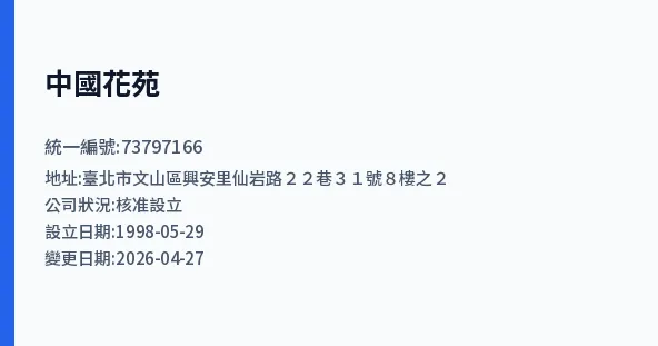 中國花苑的照片-統編 73797166(臺北市) 公司登記資料與營業項目詳細圖表