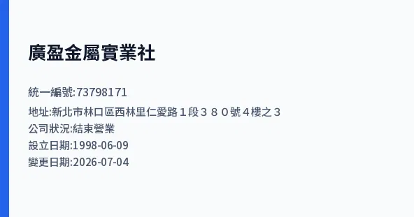 廣盈金屬實業社的照片-統編 73798171(新北市) 公司登記資料與營業項目詳細圖表