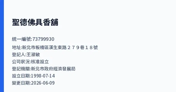 聖德佛具香舖的照片-統編 73799930(新北市) 公司登記資料與營業項目詳細圖表