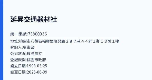 延昇交通器材社的照片-統編 73800036(桃園市) 公司登記資料與營業項目詳細圖表