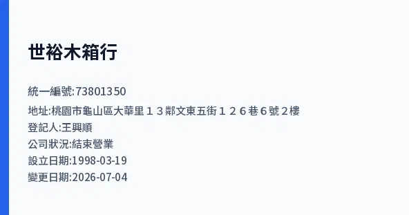 世裕木箱行的照片-統編 73801350(桃園市) 公司登記資料與營業項目詳細圖表
