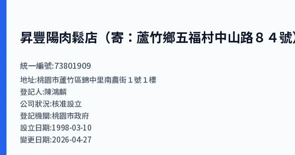 昇豐陽肉鬆店(寄:蘆竹鄉五福村中山路84號)的照片-統編 73801909(桃園市) 公司登記資料與營業項目詳細圖表