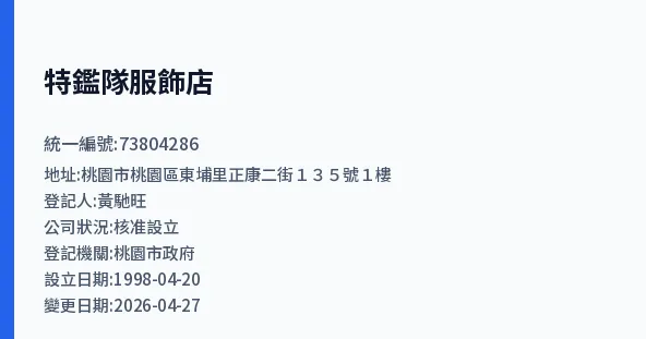 特鑑隊服飾店的照片-統編 73804286(桃園市) 公司登記資料與營業項目詳細圖表