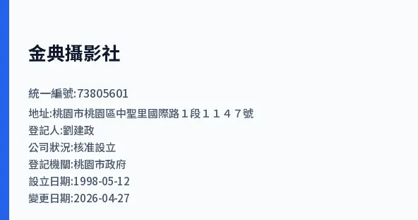 金典攝影社的照片-統編 73805601(桃園市) 公司登記資料與營業項目詳細圖表