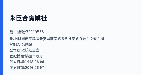 永臣合實業社的照片-統編 73819555(桃園市) 公司登記資料與營業項目詳細圖表