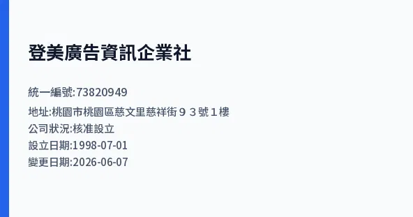 登美廣告資訊企業社的照片-統編 73820949(桃園市) 公司登記資料與營業項目詳細圖表