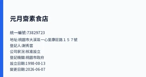 元月齋素食店的照片-統編 73829723(桃園市) 公司登記資料與營業項目詳細圖表