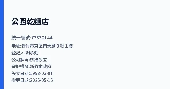 公園乾麵店的照片-統編 73830144(新竹市) 公司登記資料與營業項目詳細圖表