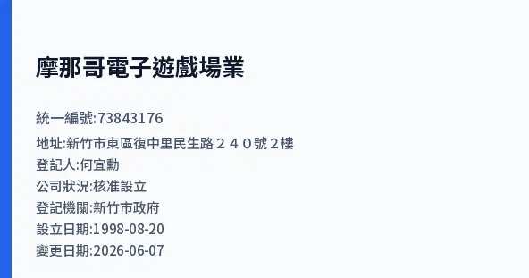 摩那哥電子遊戲場業的照片-統編 73843176(新竹市) 公司登記資料與營業項目詳細圖表