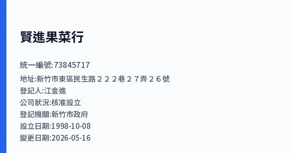 賢進果菜行的照片-統編 73845717(新竹市) 公司登記資料與營業項目詳細圖表