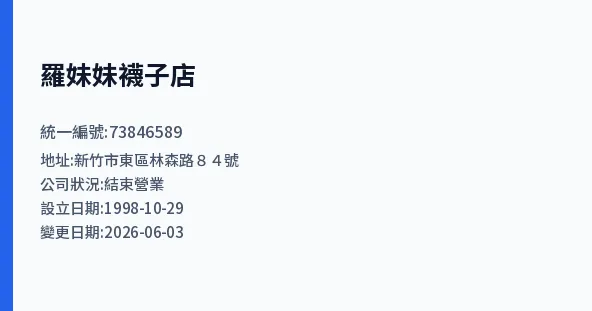 羅妹妹襪子店的照片-統編 73846589(新竹市) 公司登記資料與營業項目詳細圖表