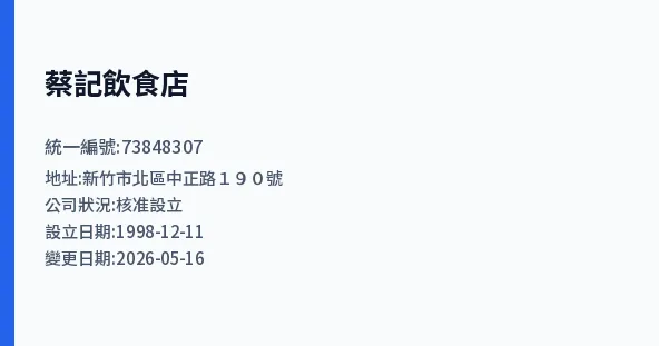蔡記飲食店的照片-統編 73848307(新竹市) 公司登記資料與營業項目詳細圖表