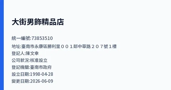 大街男飾精品店的照片-統編 73853510(臺南市) 公司登記資料與營業項目詳細圖表