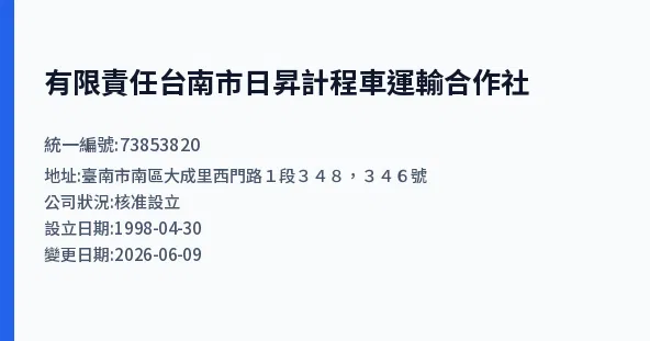 有限責任台南市日昇計程車運輸合作社的照片-統編 73853820(臺南市) 公司登記資料與營業項目詳細圖表
