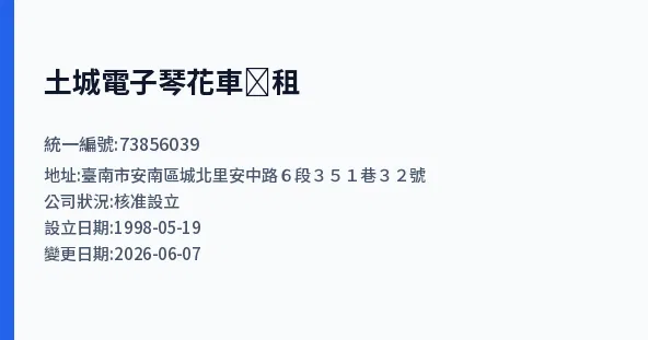 土城電子琴花車岀租的照片-統編 73856039(臺南市) 公司登記資料與營業項目詳細圖表