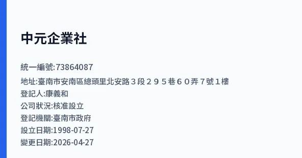 中元企業社的照片-統編 73864087(臺南市) 公司登記資料與營業項目詳細圖表