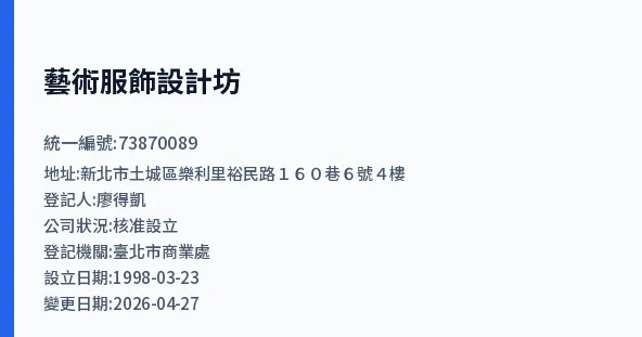 藝術服飾設計坊的照片-統編 73870089(新北市) 公司登記資料與營業項目詳細圖表