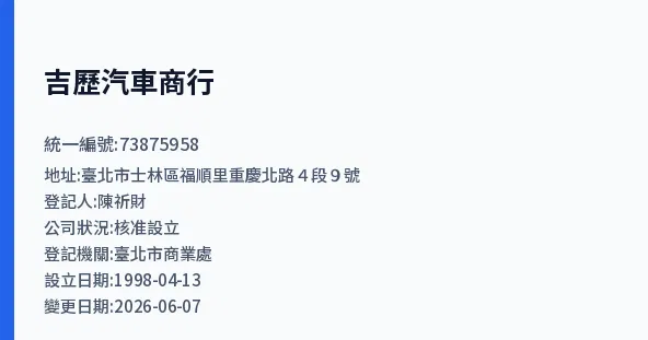 吉歷汽車商行的照片-統編 73875958(臺北市) 公司登記資料與營業項目詳細圖表