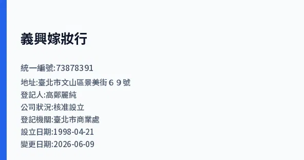 義興嫁妝行的照片-統編 73878391(臺北市) 公司登記資料與營業項目詳細圖表