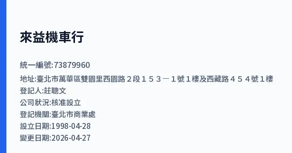 來益機車行的照片-統編 73879960(臺北市) 公司登記資料與營業項目詳細圖表