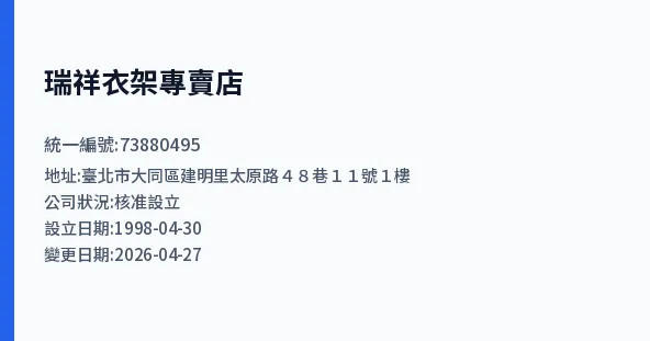 瑞祥衣架專賣店的照片-統編 73880495(臺北市) 公司登記資料與營業項目詳細圖表