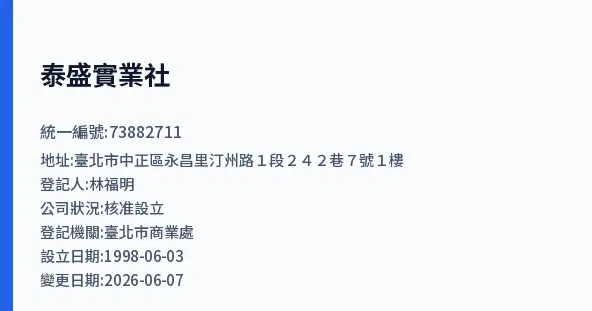 泰盛實業社的照片-統編 73882711(臺北市) 公司登記資料與營業項目詳細圖表