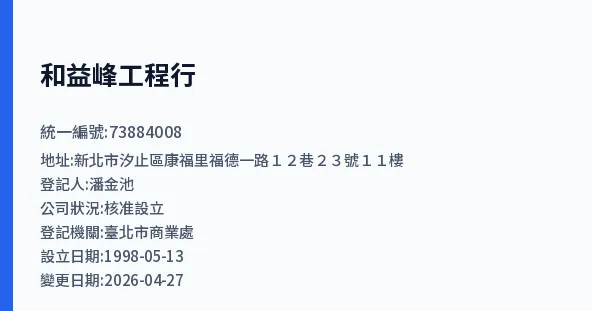 和益峰工程行的照片-統編 73884008(新北市) 公司登記資料與營業項目詳細圖表