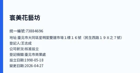 寰美花藝坊的照片-統編 73884696(臺北市) 公司登記資料與營業項目詳細圖表