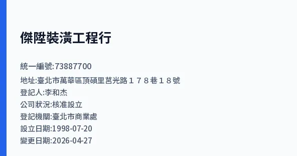 傑陞裝潢工程行的照片-統編 73887700(臺北市) 公司登記資料與營業項目詳細圖表