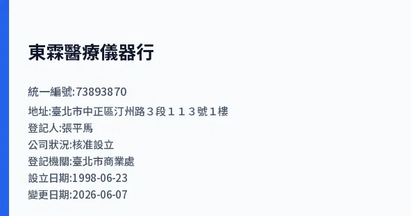 東霖醫療儀器行的照片-統編 73893870(臺北市) 公司登記資料與營業項目詳細圖表